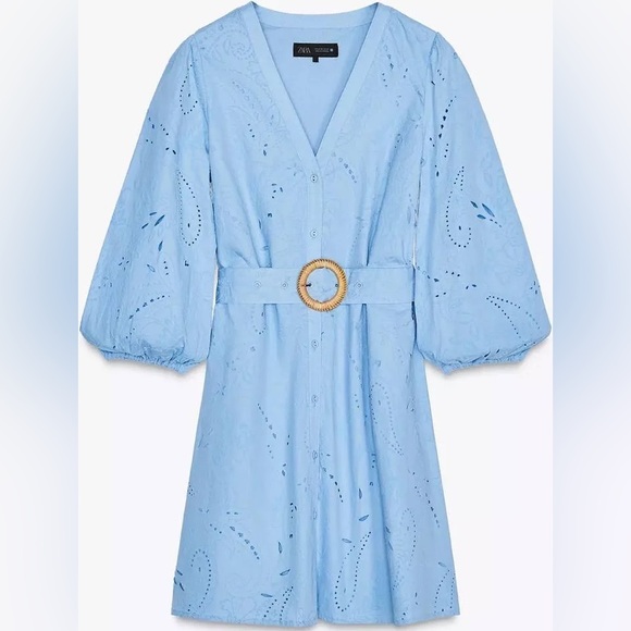 Zara | Dresses | Zara Light Blue Eyelet Dress With Belt | Poshmark